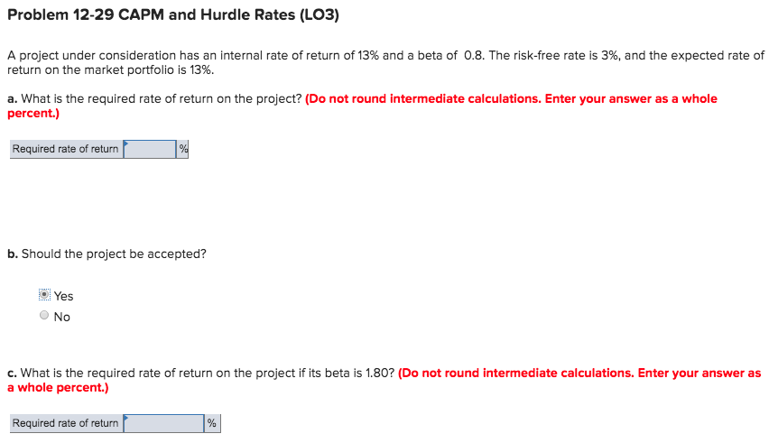 Solved Problem 12-29 CAPM and Hurdle Rates (LO3) A project | Chegg.com