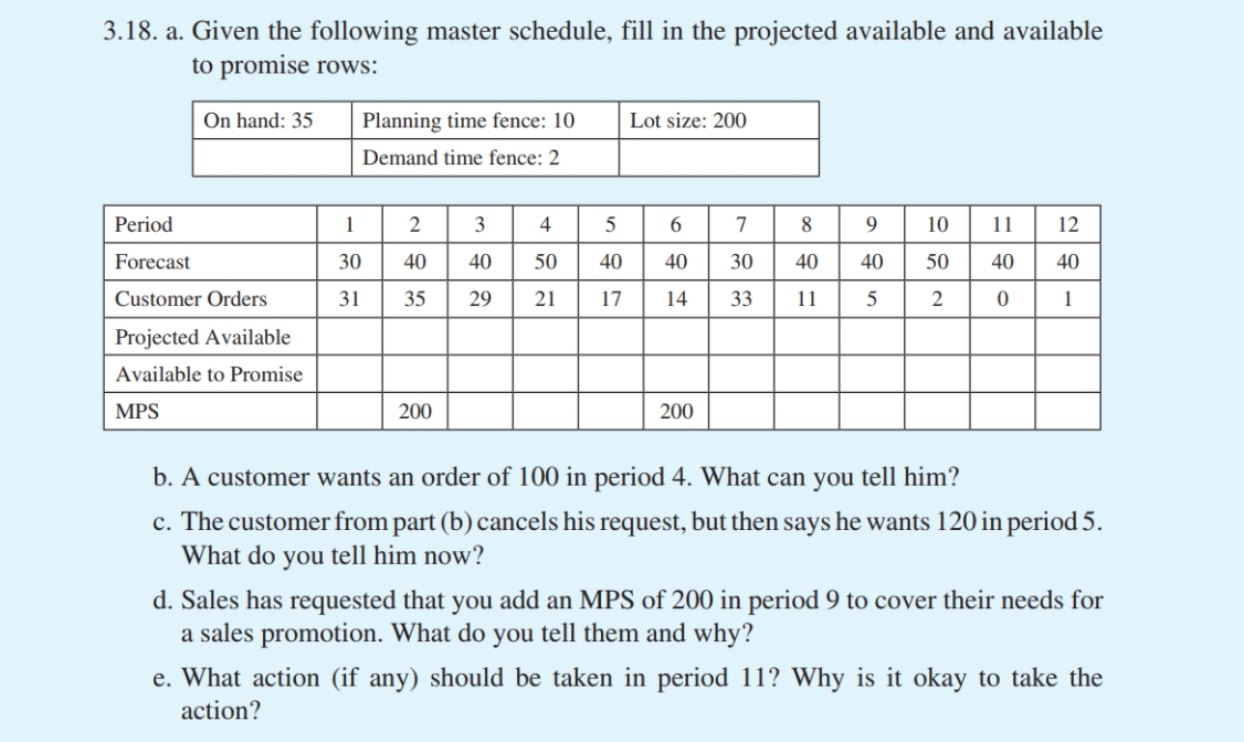 3.18. a. Given the following master schedule, fill in | Chegg.com