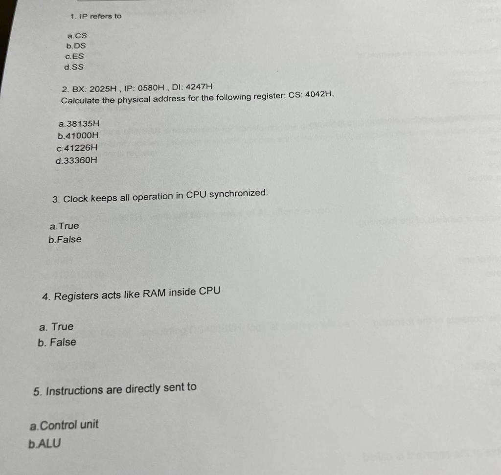 Solved 1. IP refers to a.CS b.DS c.ES d.SS 2. BX:2025H, IP: | Chegg.com