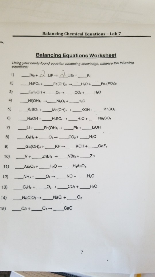 Solved Balancing Chemical Equations Lab 7 Balancing Chegg Solved Balancing Chemical Equations Lab 7 Balancing Chegg