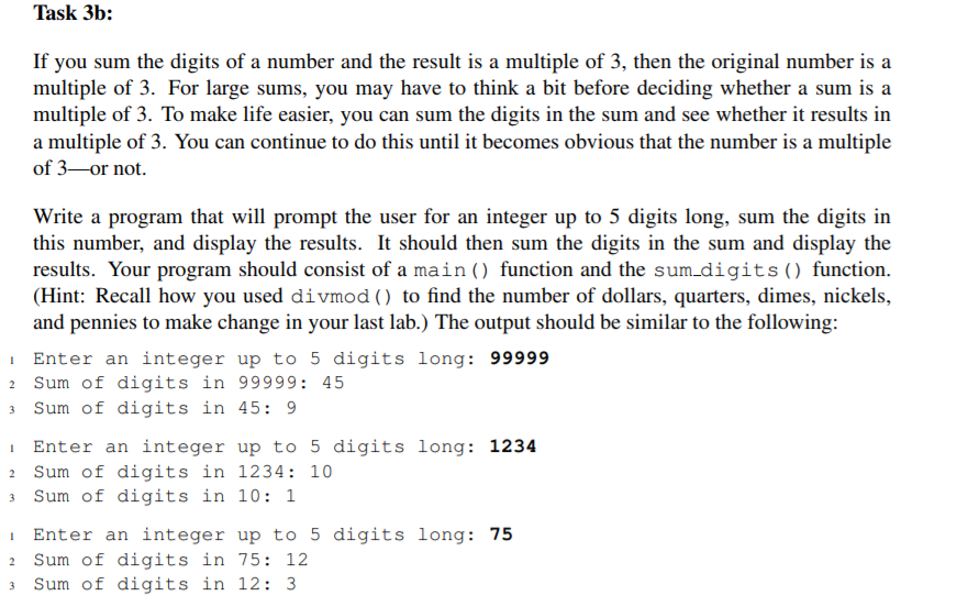 Solved Task 3a Summing Digits Write A Function Called Chegg