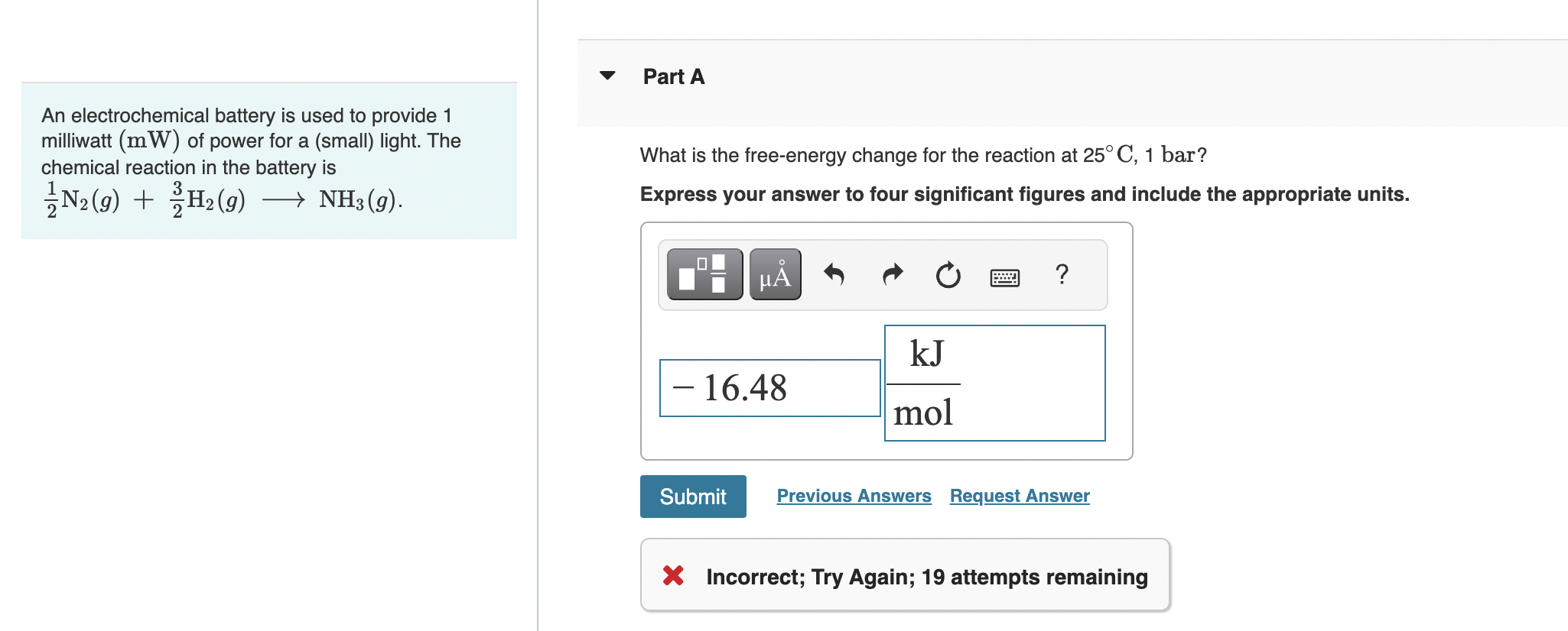 Solved An electrochemical battery is used to provide 1 | Chegg.com