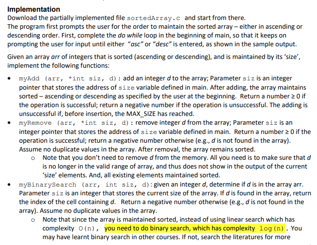Solved Download the partially implemented file sortedArray.c | Chegg.com