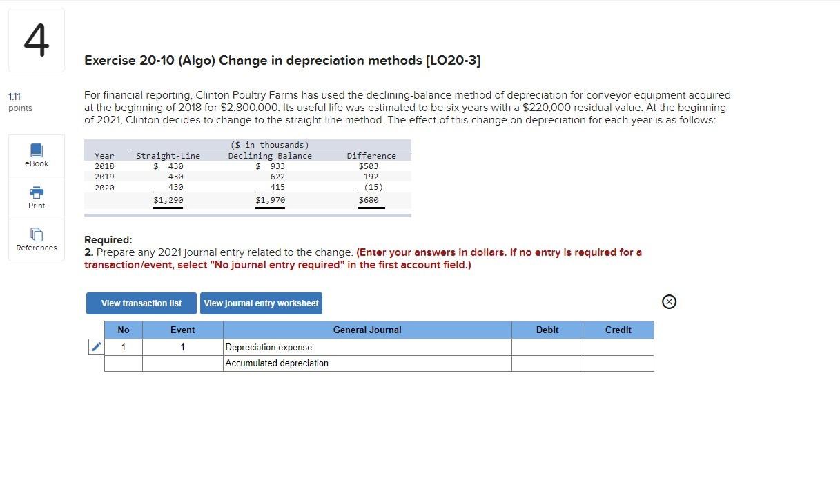 Solved 4 Exercise 20-10 (Algo) Change in depreciation | Chegg.com