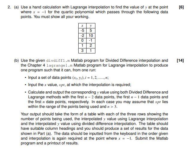 Solved [6] 2. (a) Use a hand calculation with Lagrange | Chegg.com