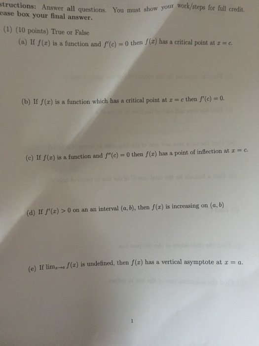 Solved True or False (a) If f (x) is a function and f' (c) | Chegg.com