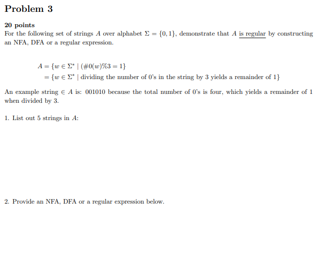 Solved 20 points For the following set of strings A over | Chegg.com