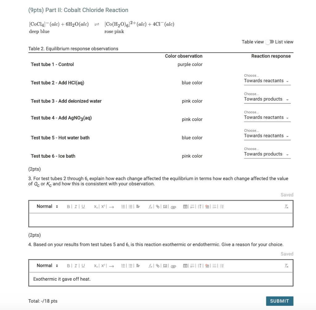 Solved (9pts) Part II: Cobalt Chloride Reaction [CoC14) | Chegg.com