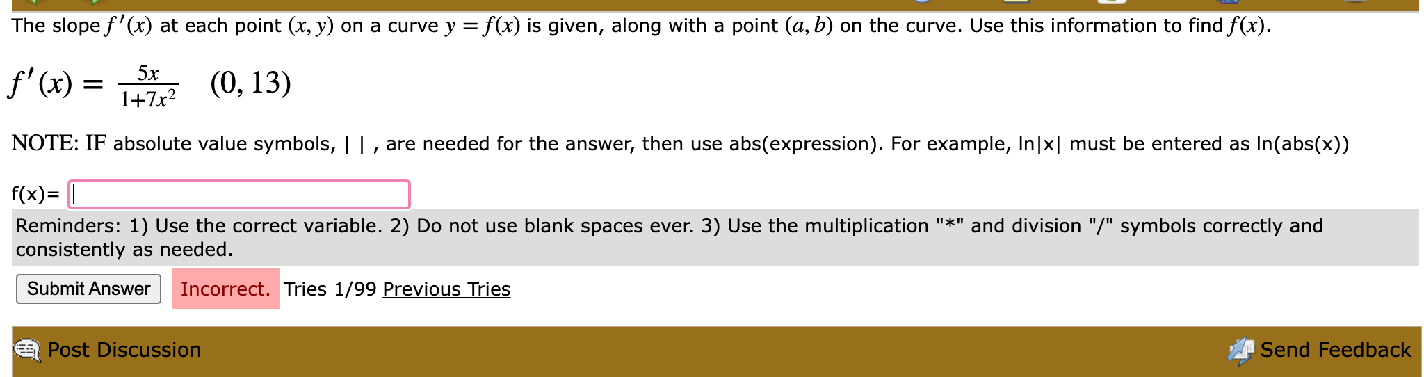 Solved The slope f′(x) at each point (x,y) on a curve y=f(x) | Chegg.com