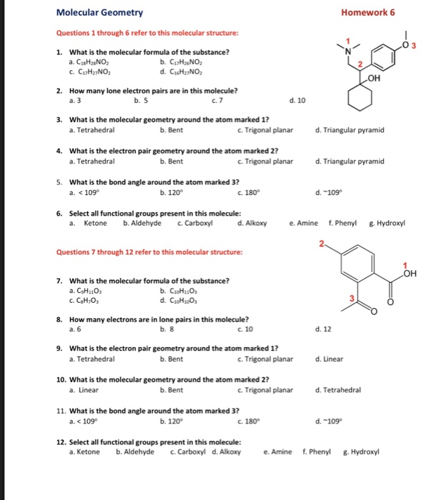 Solved Homework 6 Molecular Geometry Questions 1 through 6 | Chegg.com