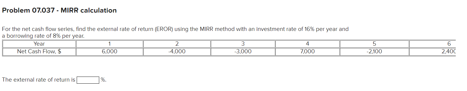 Solved Problem 07.037 - MIRR calculation For the net cash | Chegg.com
