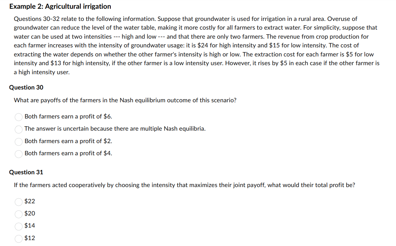 Solved Example 2: Agricultural irrigation Questions 30-32 | Chegg.com