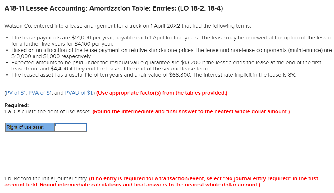 Solved A18-11 ﻿Lessee Accounting; Amortization Table; | Chegg.com