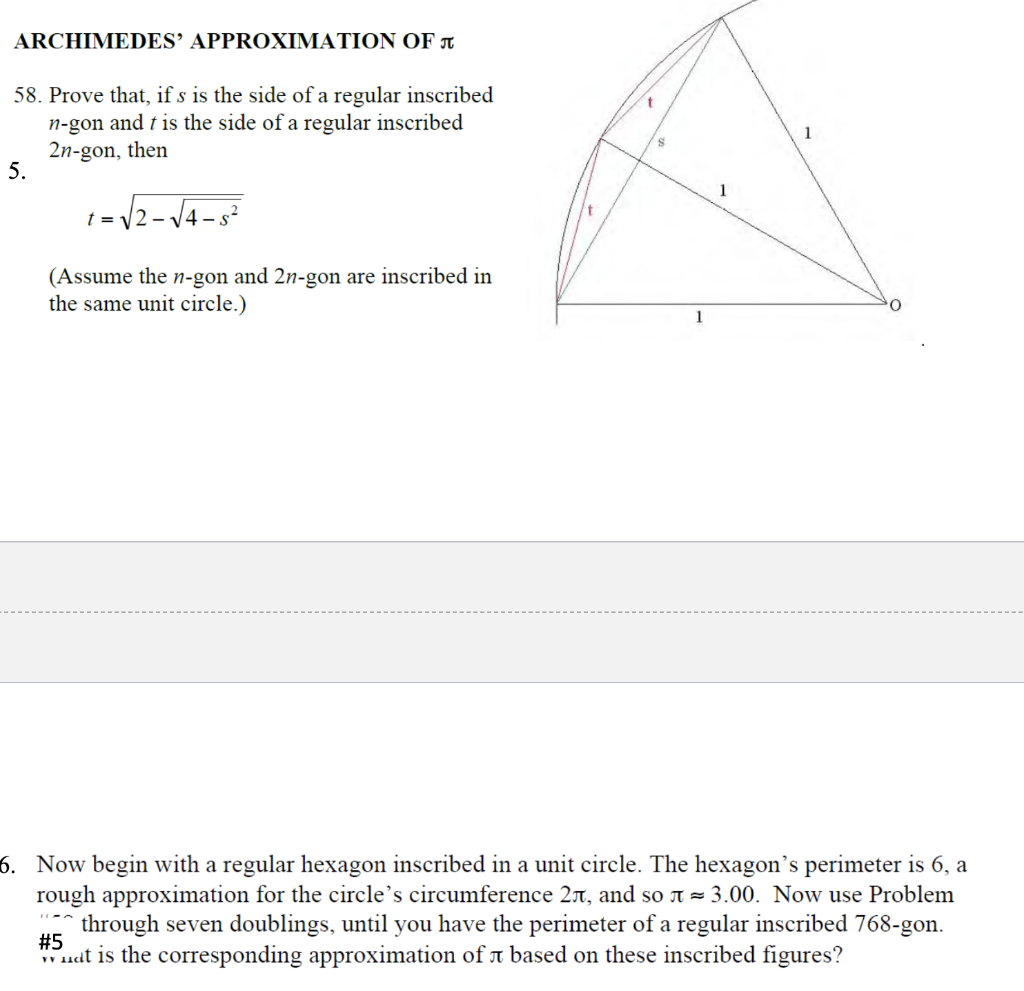 Solved ARCHIMEDES' APPROXIMATION OF T t 1 S 58. Prove that, | Chegg.com