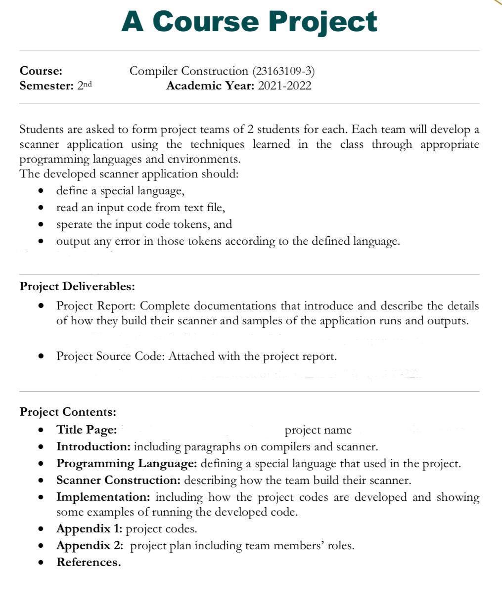 A Course Project Course: Semester: 2nd Compiler | Chegg.com