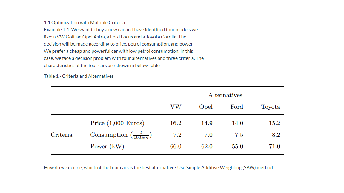 Solved 1.1 Optimization with Multiple Criteria Example 1.1. | Chegg.com