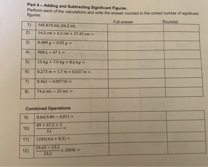 Solved Part 4- Adding and Subtracting Significant Figures. | Chegg.com
