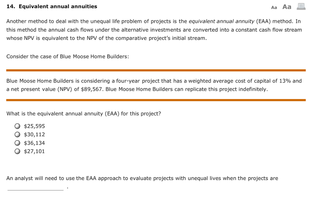 Solved 14. Equivalent annual annuities Aa Aa Another method | Chegg.com