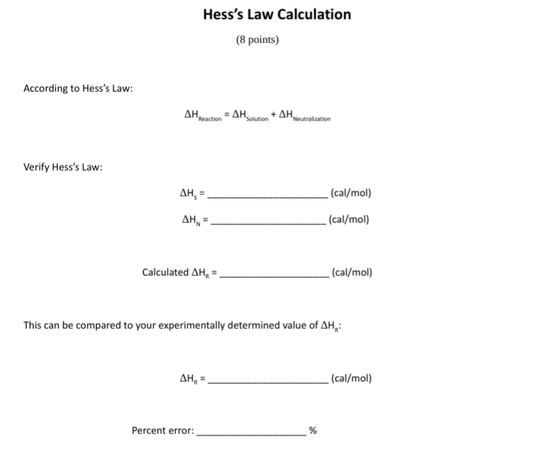 Hess's Law Calculation (8 points) According to Hess's | Chegg.com