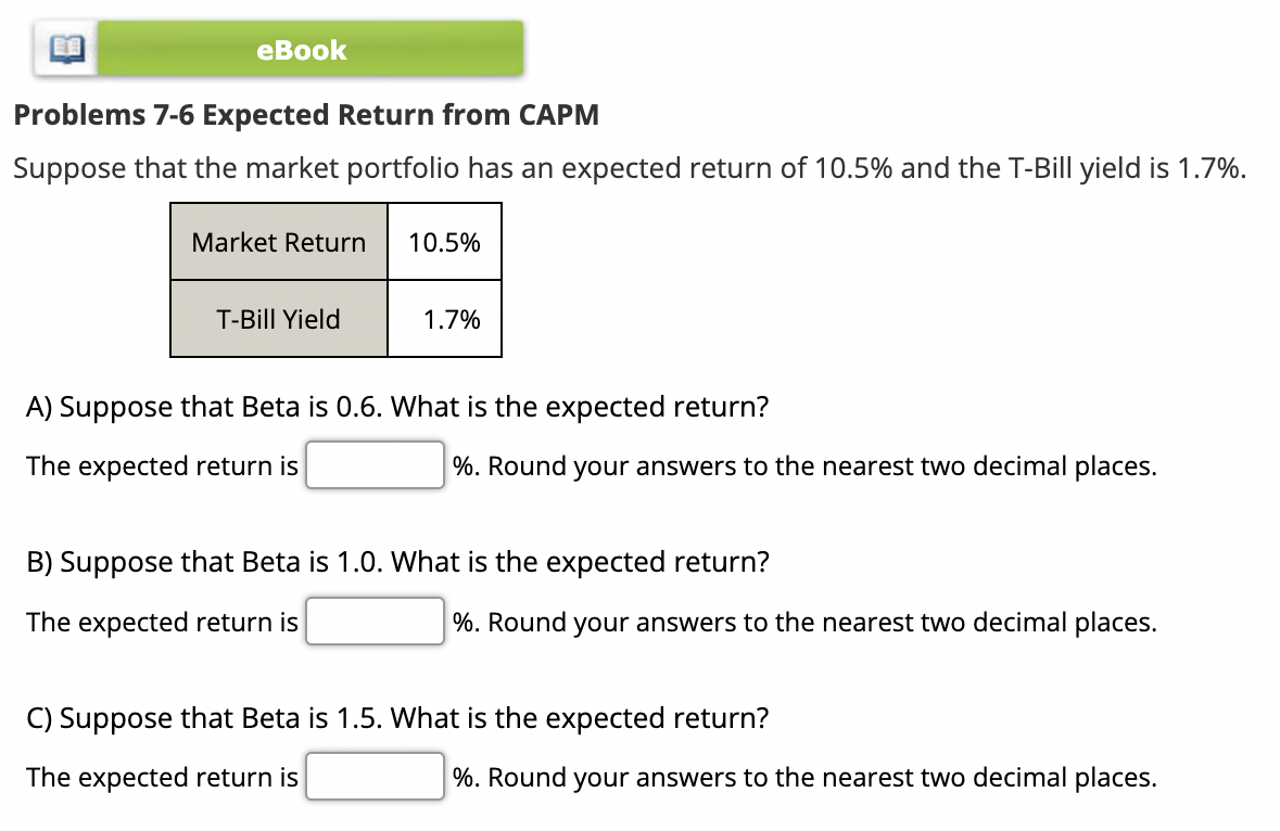 Solved Problems 7-6 Expected Return from CAPM Suppose that | Chegg.com