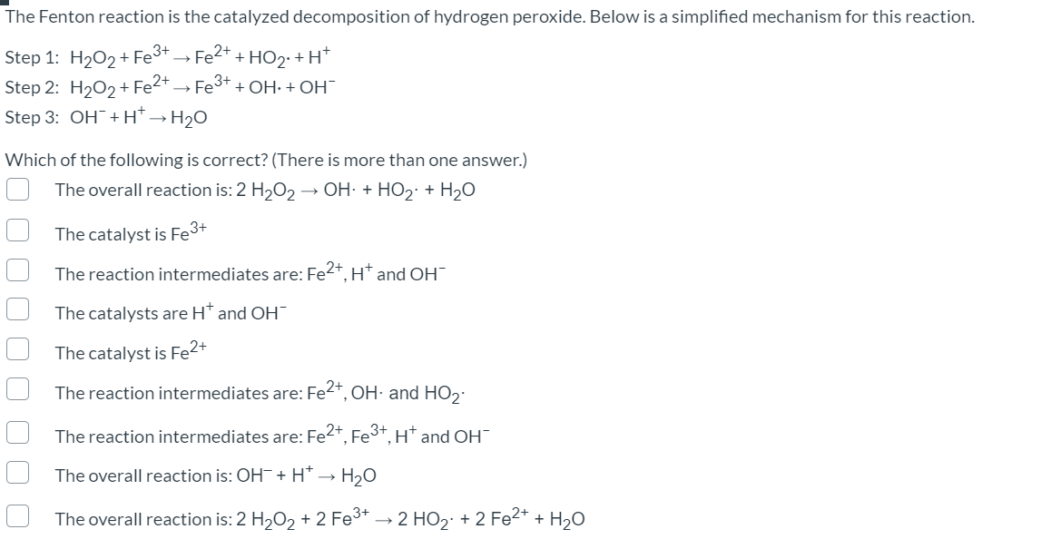 Solved The Fenton reaction is the catalyzed decomposition of | Chegg.com
