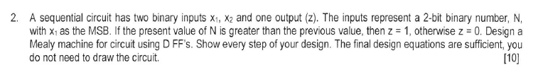 A sequential circuit has two binary inputs x1,x2 ﻿and | Chegg.com