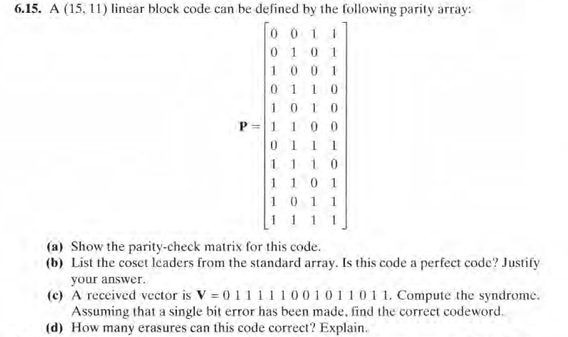 615 A 15 11 Linear Block Code Can Be Defined By