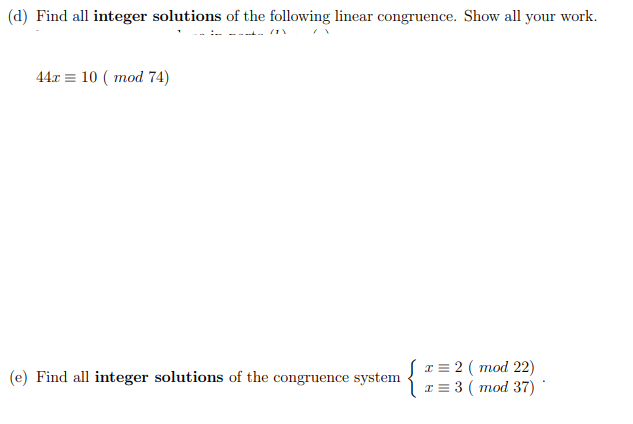 Solved (d) Find all integer solutions of the following | Chegg.com