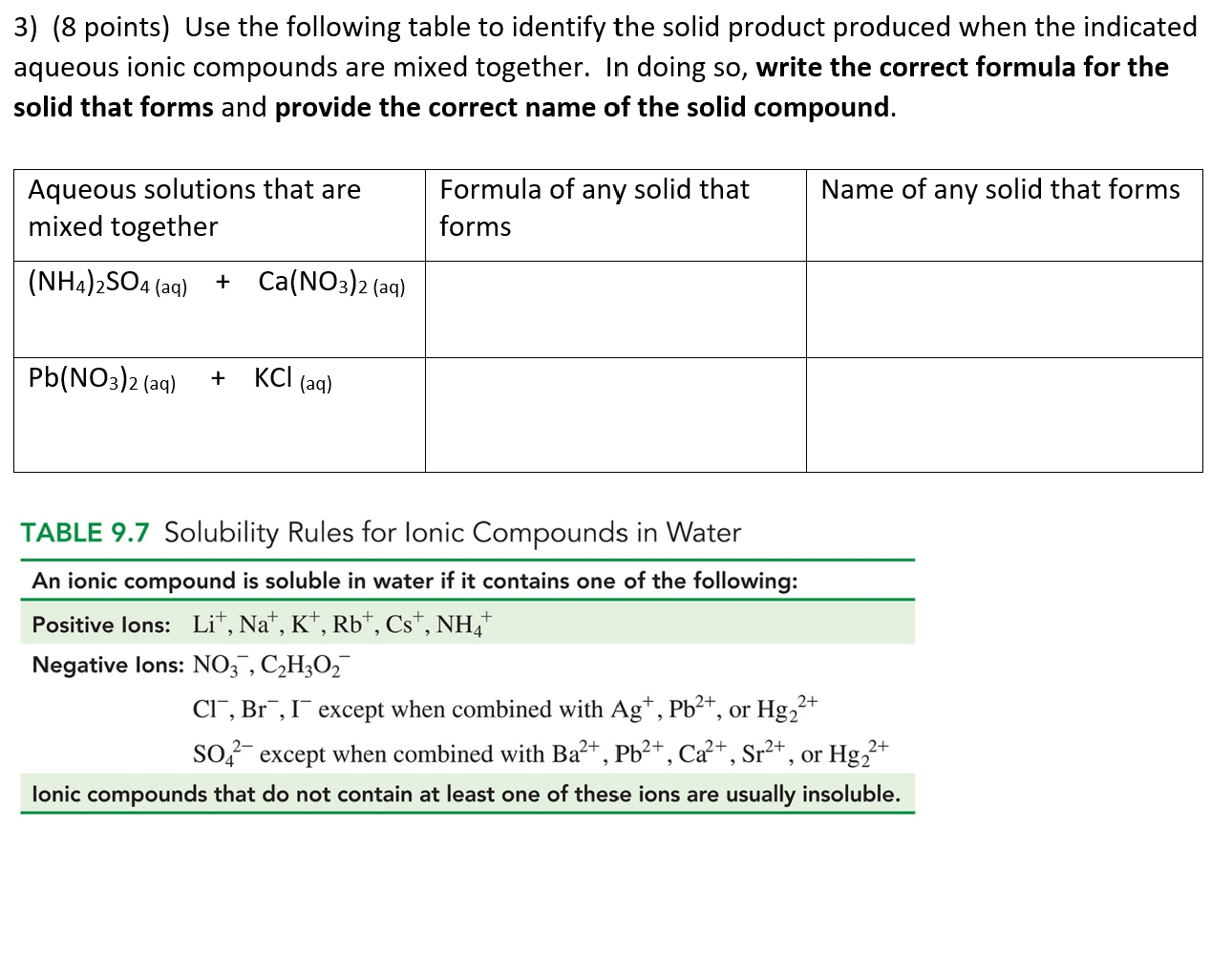 Solved 3) (8 points) Use the following table to identify the | Chegg.com