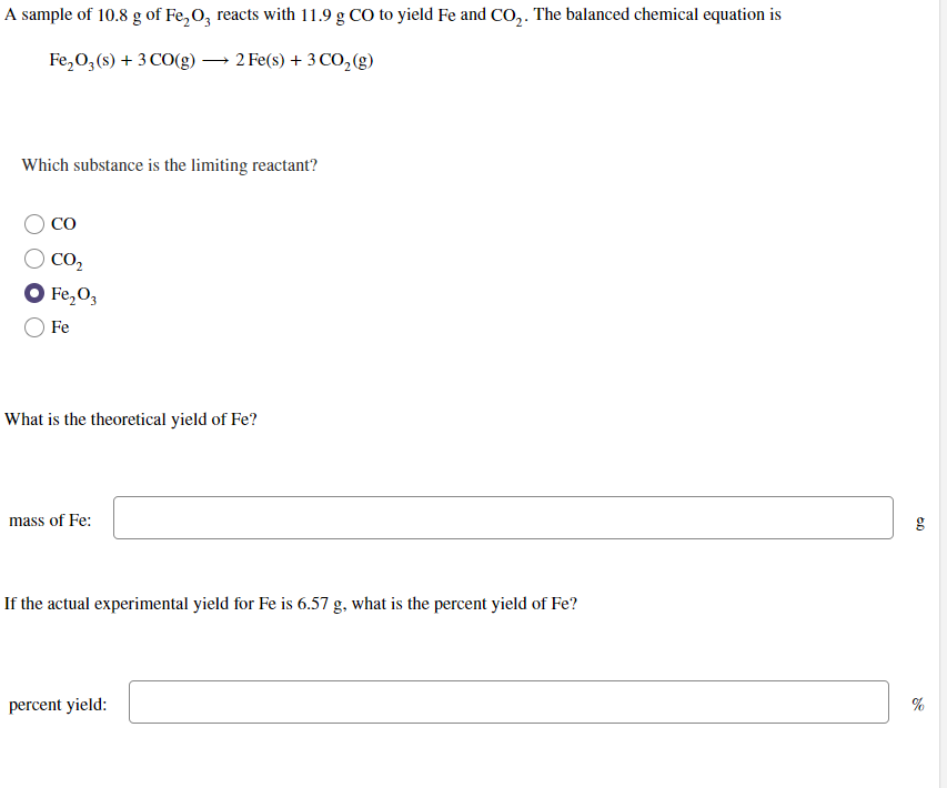 Solved Fe2O3( s)+3CO(g) 2Fe(s)+3CO2( g) Which substance is | Chegg.com