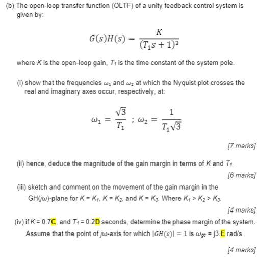 Solved (b) The open-loop transfer function (OLTF) of a unity | Chegg.com