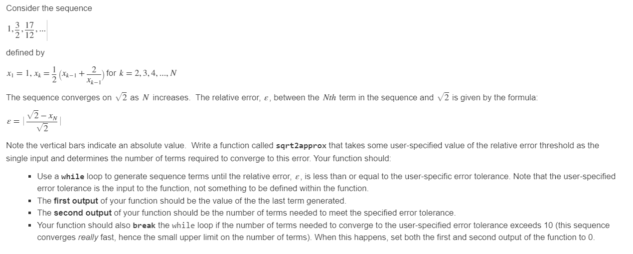 Solved Sequence to SQRT(2), Error Tolerance. I am having | Chegg.com