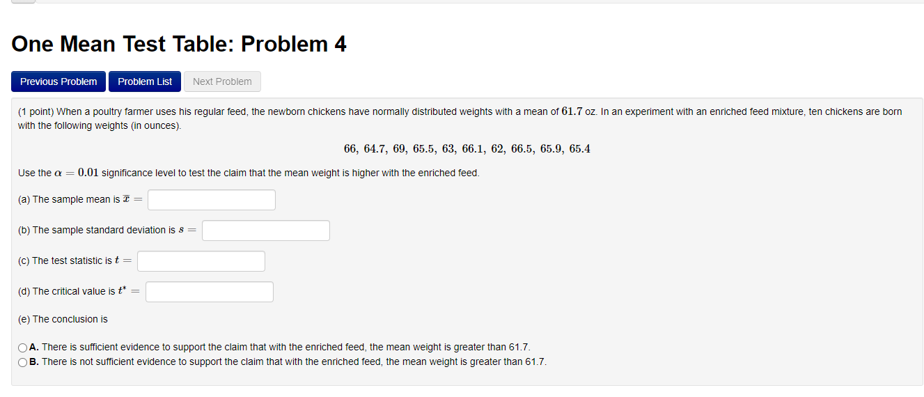 Solved One Mean Test Table: Problem 4 Previous Problem | Chegg.com