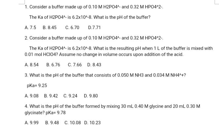 Solved 1. Consider a buffer made up of 0.10 M H2PO4- and | Chegg.com