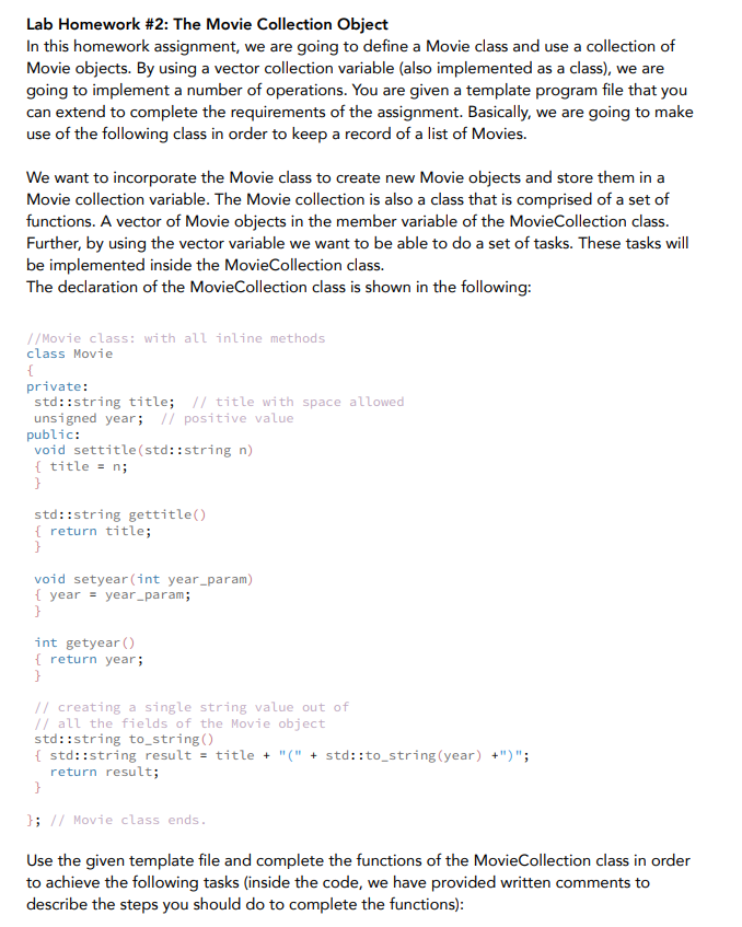 Solved Lab Homework #2: The Movie Collection Object In this | Chegg.com