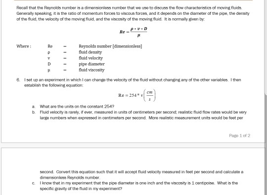 Solved Recall that the Reynolds number is a dimensionless | Chegg.com