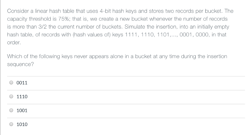 Consider a linear hash table that uses 4-bit hash | Chegg.com