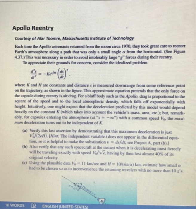 Solved Apollo Reentry Courtesy of Alar Toomre, Massachusetts | Chegg.com