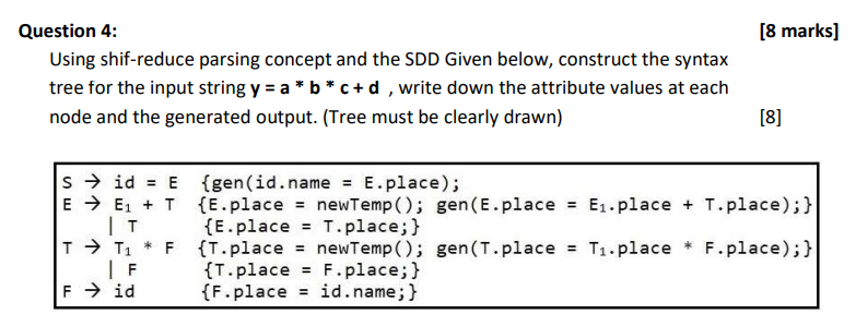 Solved Question 4: [8 marks Using shif-reduce parsing | Chegg.com