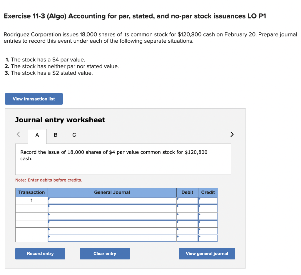 Solved Exercise 11-3 (Algo) Accounting for par, stated, and | Chegg.com