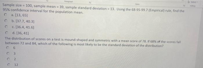 Solved Sample size = 100, sample mean = 39, sample standard | Chegg.com
