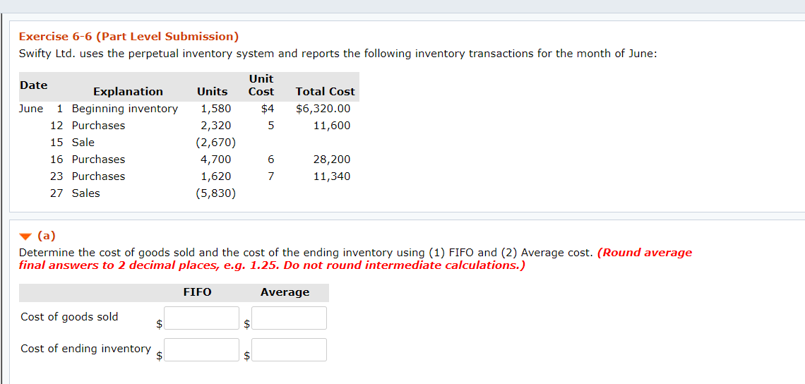 Solved Exercise 6-6 (Part Level Submission) Swifty Ltd. uses | Chegg.com