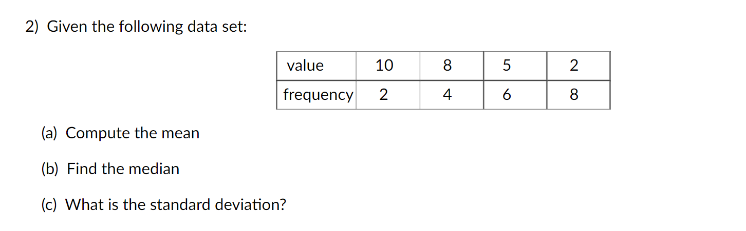 Solved 2) Given the following data set: value 10 8 5 2 | Chegg.com