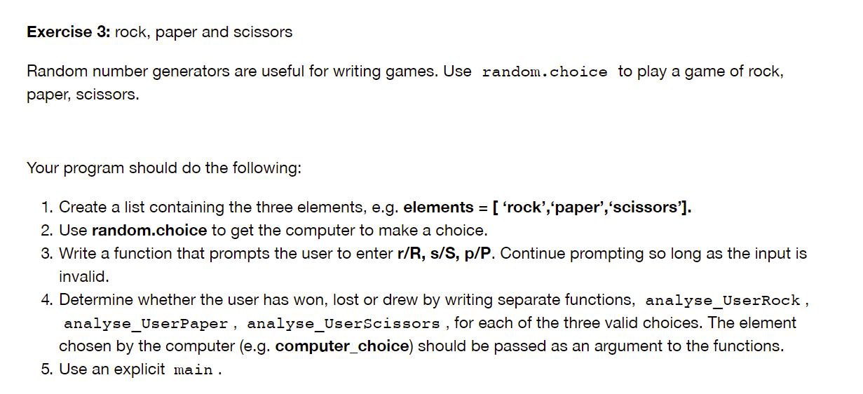 Solved Exercise 3: rock, paper and scissors Random number | Chegg.com