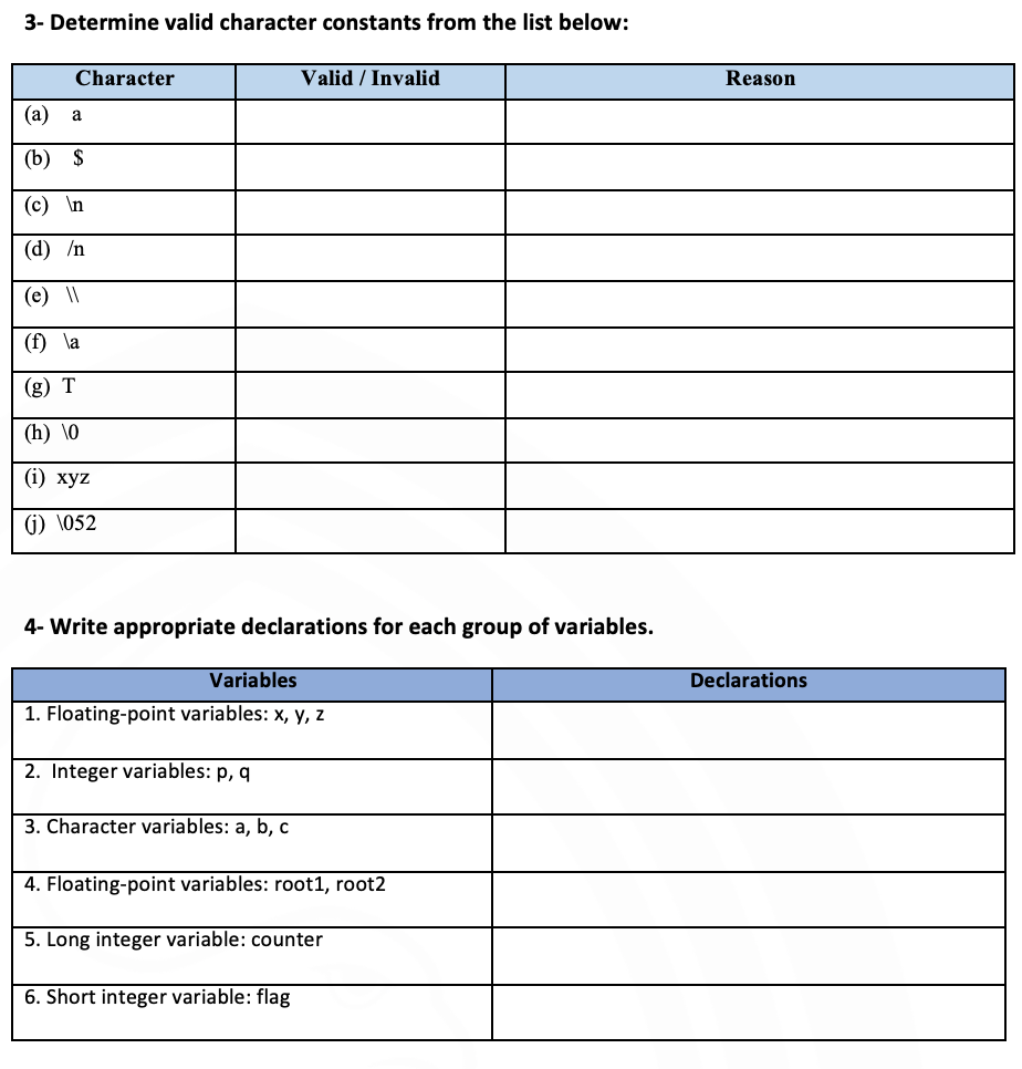 Solved 3- Determine valid character constants from the list | Chegg.com