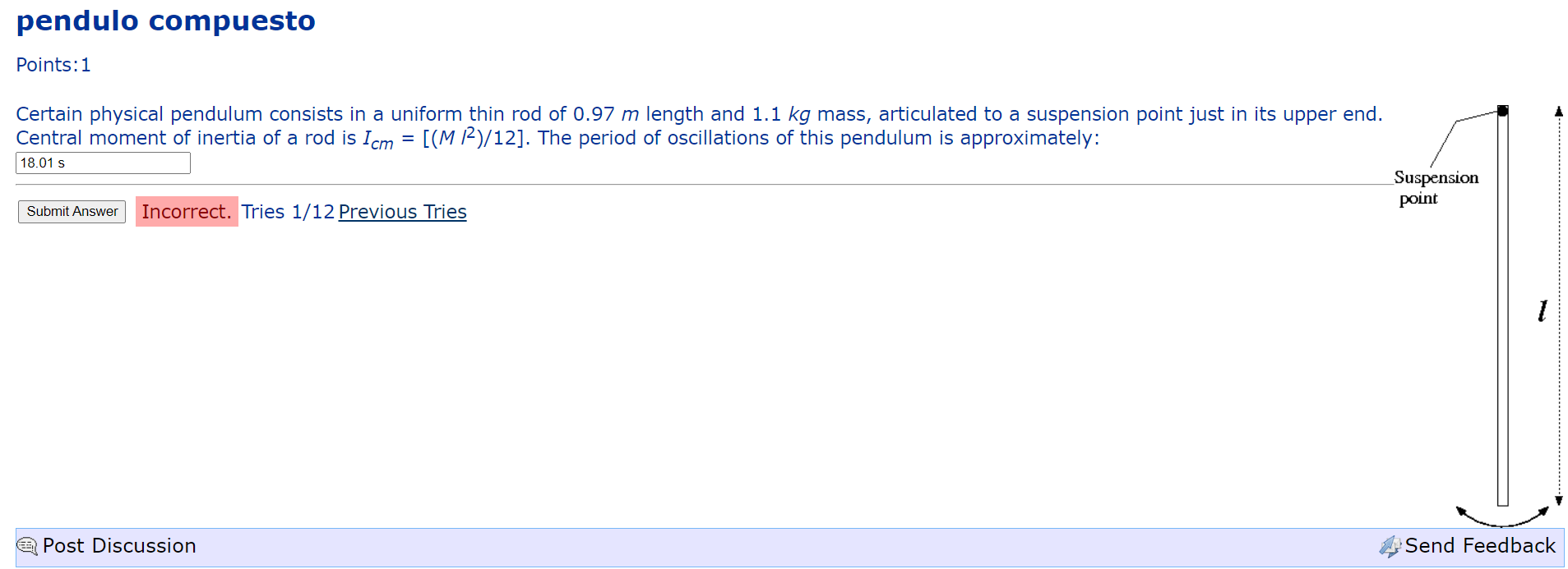 Solved Certain physical pendulum consists in a uniform thin | Chegg.com