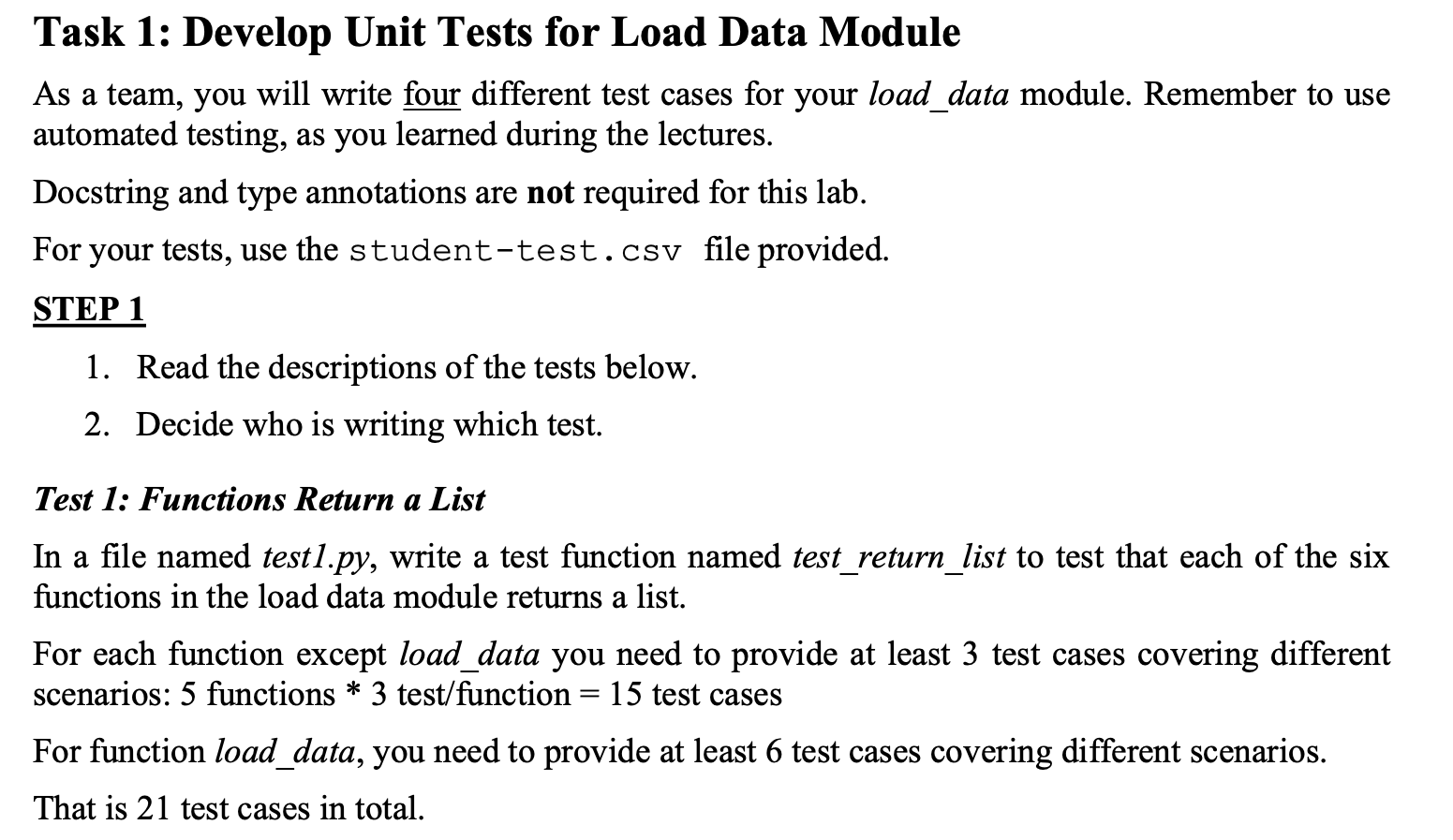Solved Task 1 Develop Unit Tests For Load Data Moduleas A
