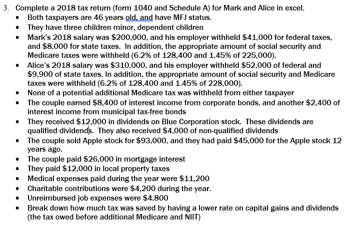 3. Complete a 2018 tax return (form 1040 and Schedule | Chegg.com
