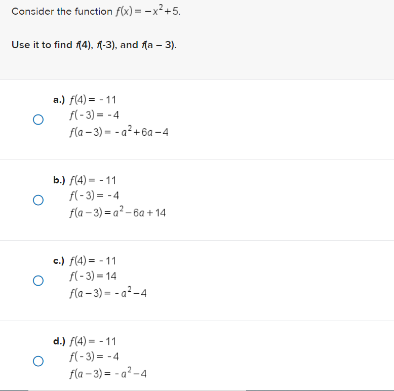 Solved Consider the function f(x)=−x2+5 Use it to find | Chegg.com