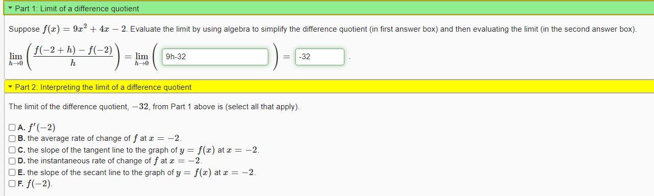 Solved Part 1: Limit of a difference quotient Suppose f(x) = | Chegg.com